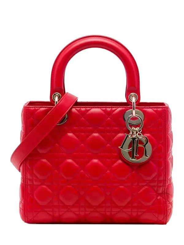 Dior 2018 Medium Lambskin Cannage Lady Satchel - Red
