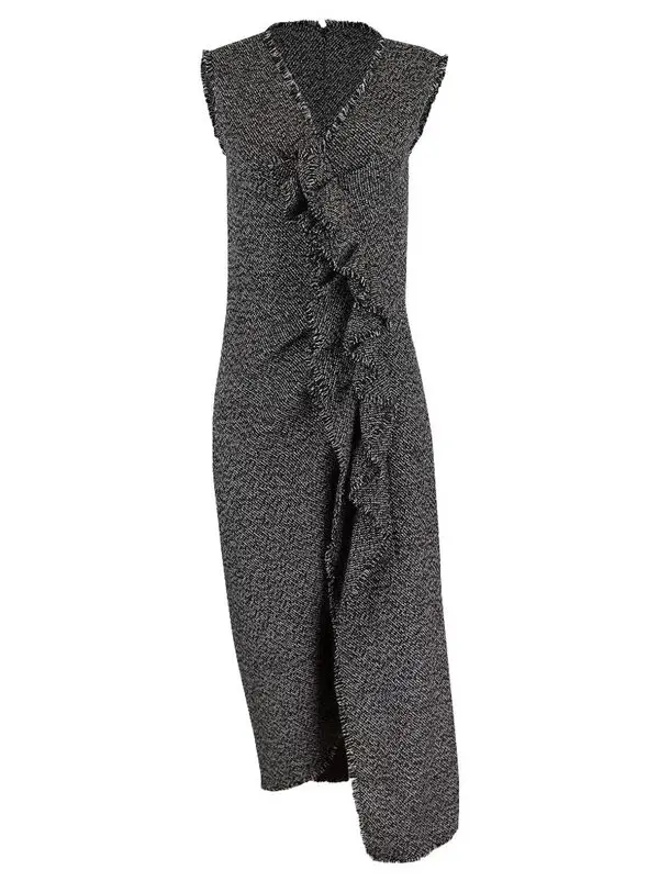 Michael Kors Frayed Ruched Tweed Midi Dress - Black