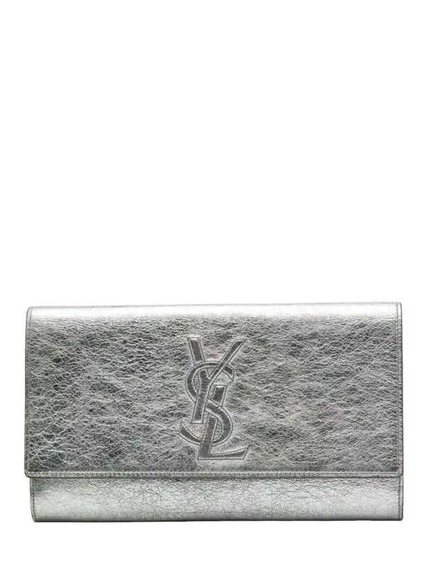 Saint Laurent 2013-2026 Large Textured Metallic Calfskin Monogram Belle De Jour Clutch Bag - Silver