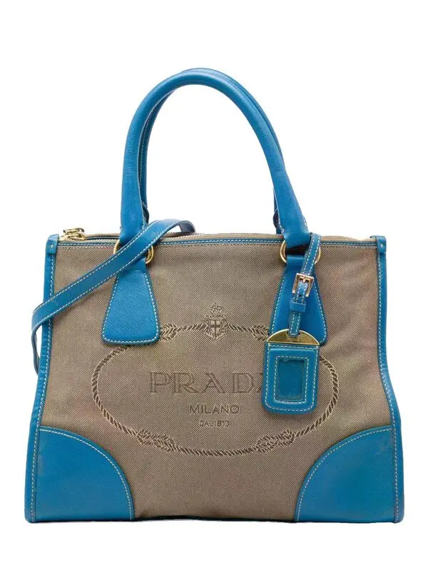 Prada 2010-2026 Saffiano Trimmed Canvas Canapa Logo Double Zip Satchel - Brown