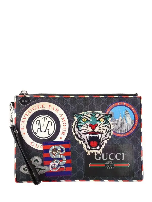 Gucci Night Courrier Pouch Gg Coated Canvas With Applique Clutch Bag - Black