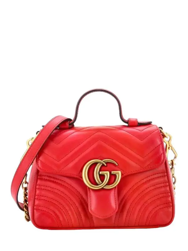 Gucci Gg Marmont Top Handle Flap Bag Matelasse Leather Mini Satchel - Red