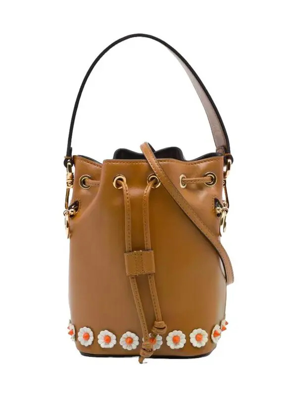 Fendi 2010-2026 Mini Leather Studded Floral Mon Tresor Bucket Bag Satchel - Brown