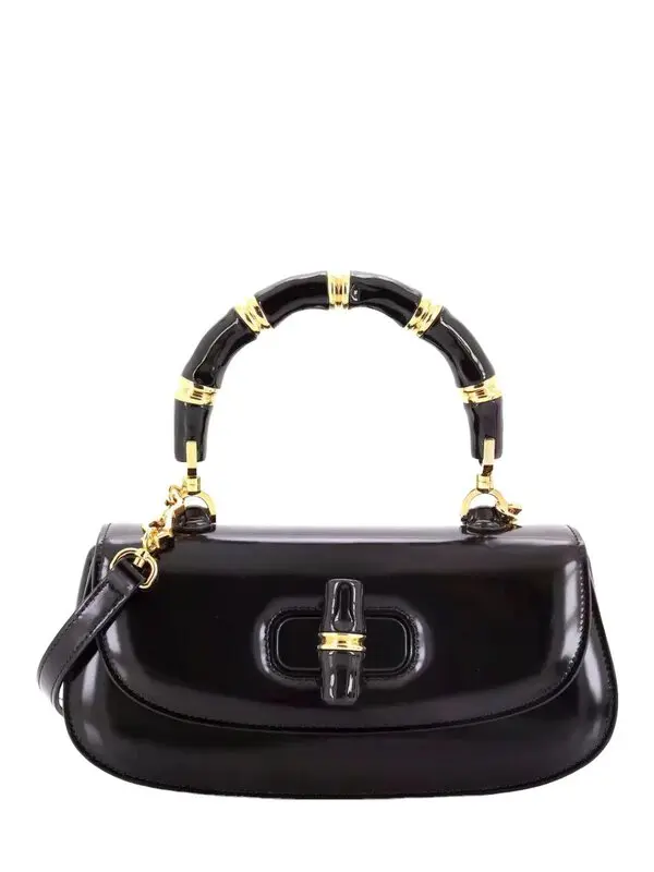 Gucci Bamboo Diva Top Handle Bag Polished Leather Medium Satchel - Black