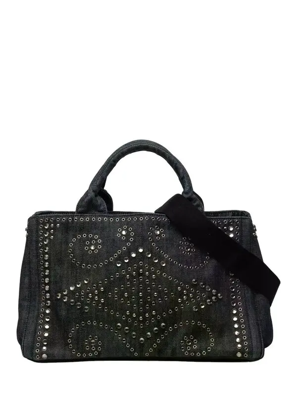 Prada 2010-2026 Denim Canapa Bijoux And Grommet Tote Satchel - Black