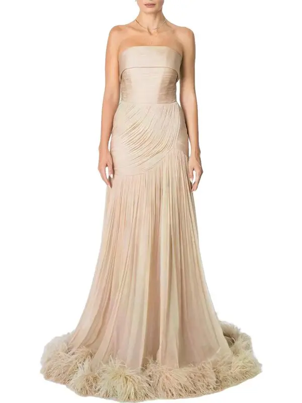 M.MARQUISE Feather-trim Ruched Maxi Dress - Neutrals