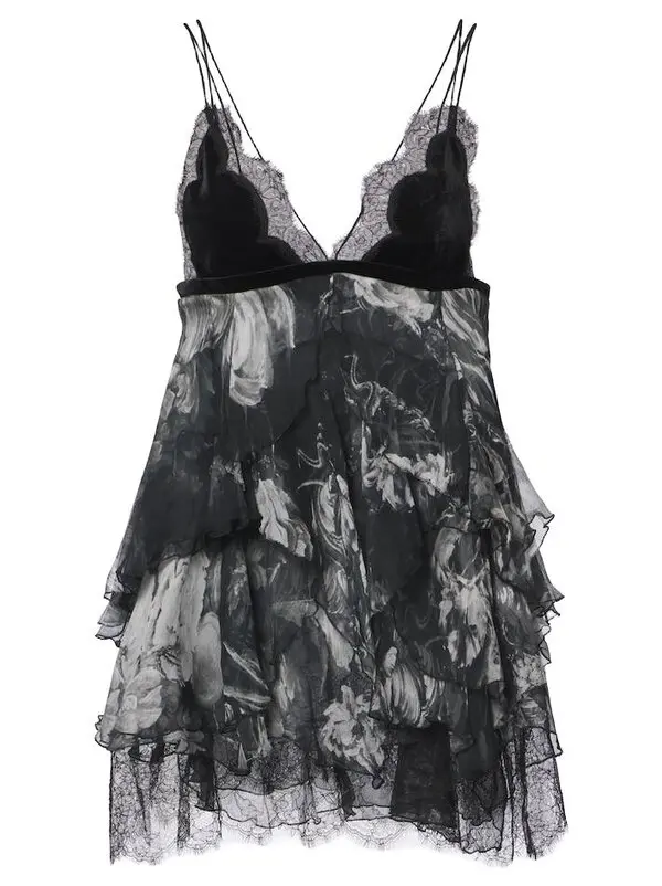 Roberto Cavalli Lace-trimmed Printed Silk Mini Dress - Black