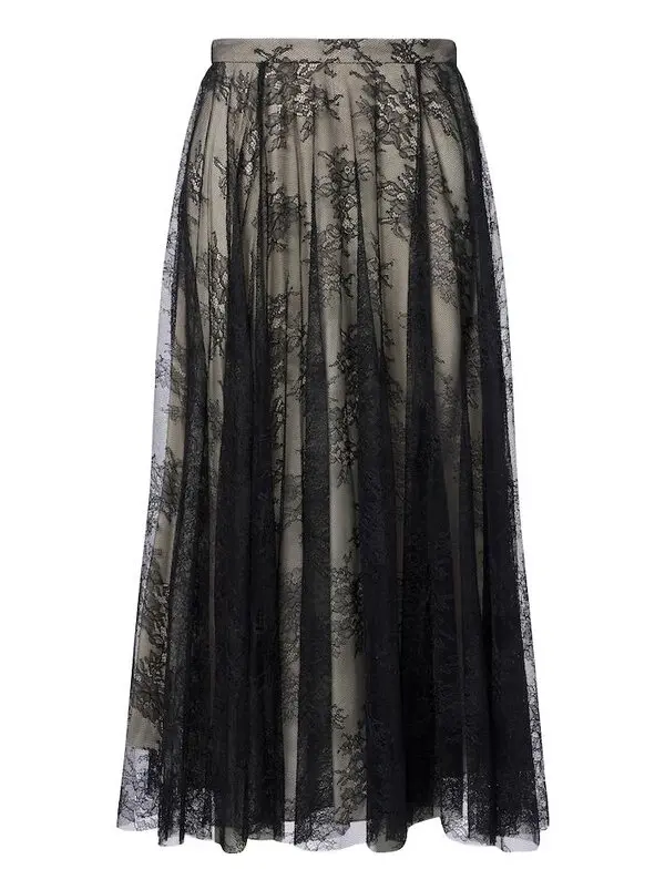 Erdem Pleated Floral Lace Midi Skirt - Black