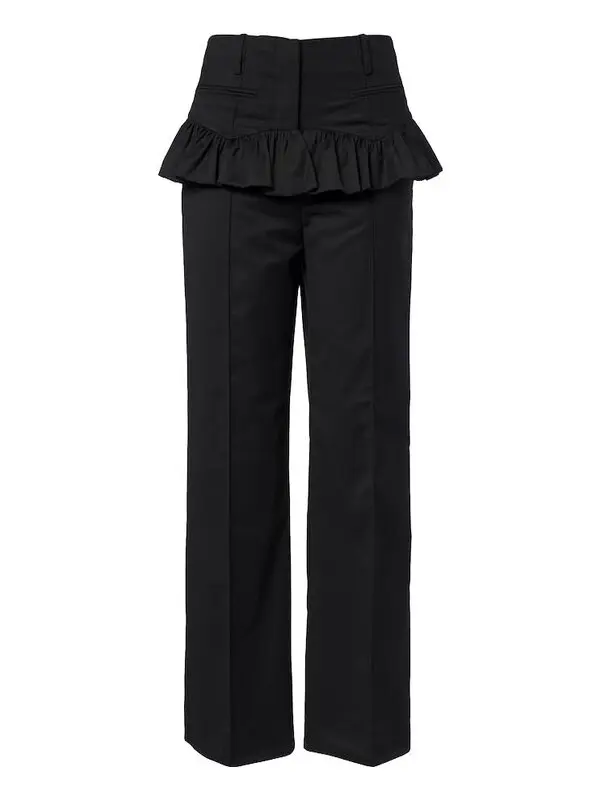 GANNI Ruffled Straight Pants - Black