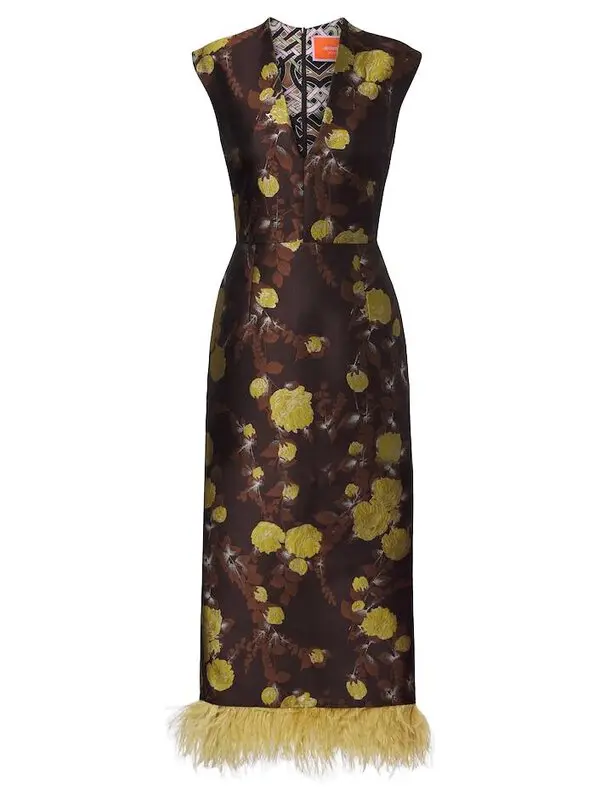 La DoubleJ Devon Feather-trimmed Jacquard Midi Dress - Multicoloured