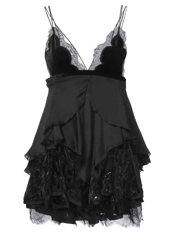Roberto Cavalli Lace-trimmed Ruffled Silk Minidress - Black