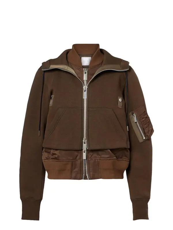 Sacai Layered Cotton-blend Zip-up Hoodie - Brown