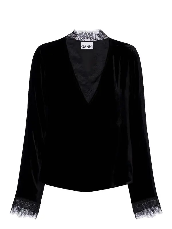 GANNI Lace-trimmed Velvet Top - Black