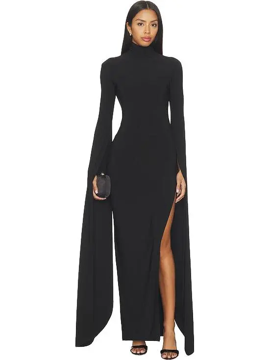 Norma Kamali Open Back Ribbon Sleeve Turtleneck Gown - Black