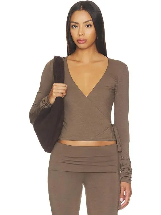 Eterne Soft Jersey Wrap Top In Brown - Mushroom