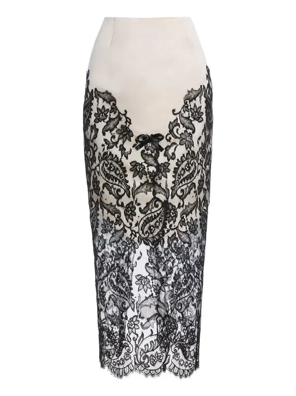 WIEDERHOEFT Exclusive Beaded Lace-detailed Silk-satin Midi Skirt - Ivory