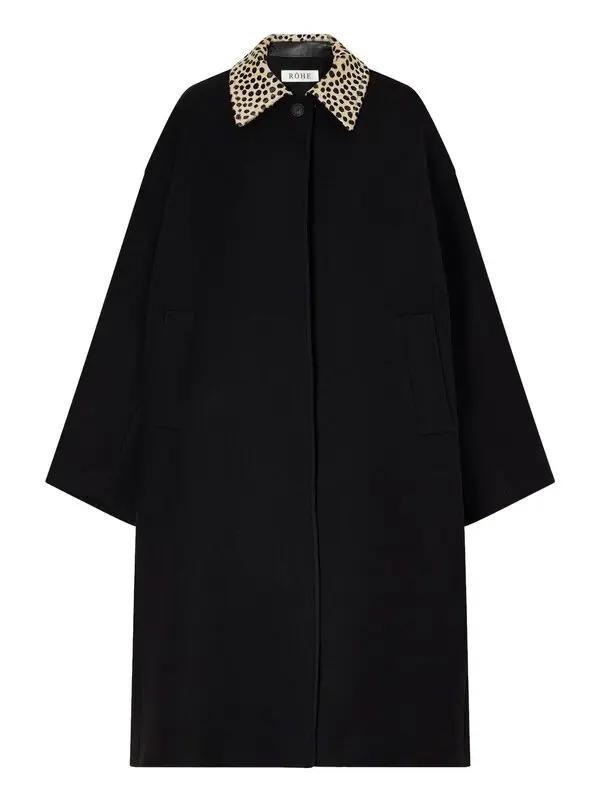 RÓHE Cheetah Leopard-print Calf Hair-trimmed Virgin Wool Twill Coat - Black