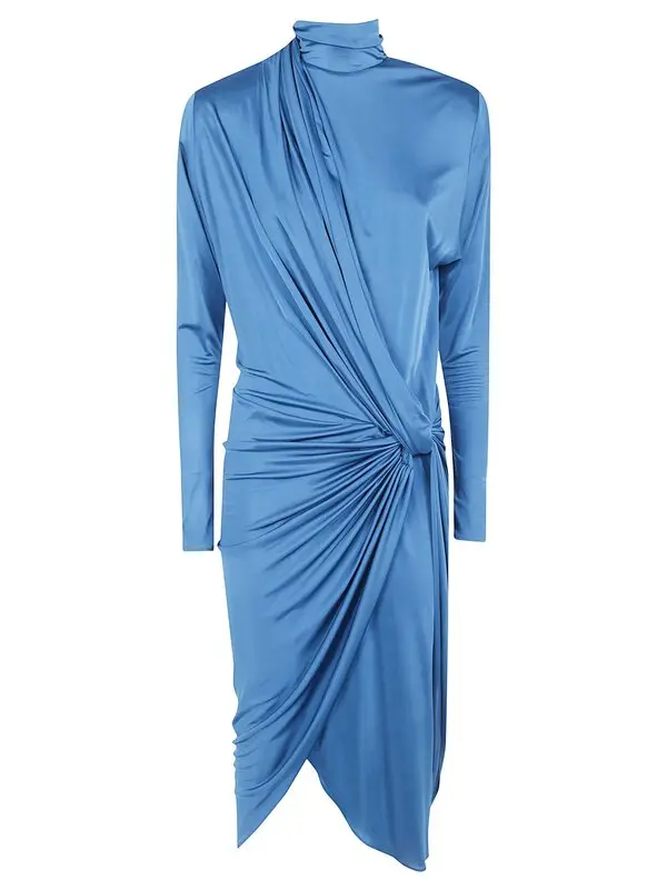 Balmain Midi Dress Long Sleeves Draped Viscose Jersey - Blue