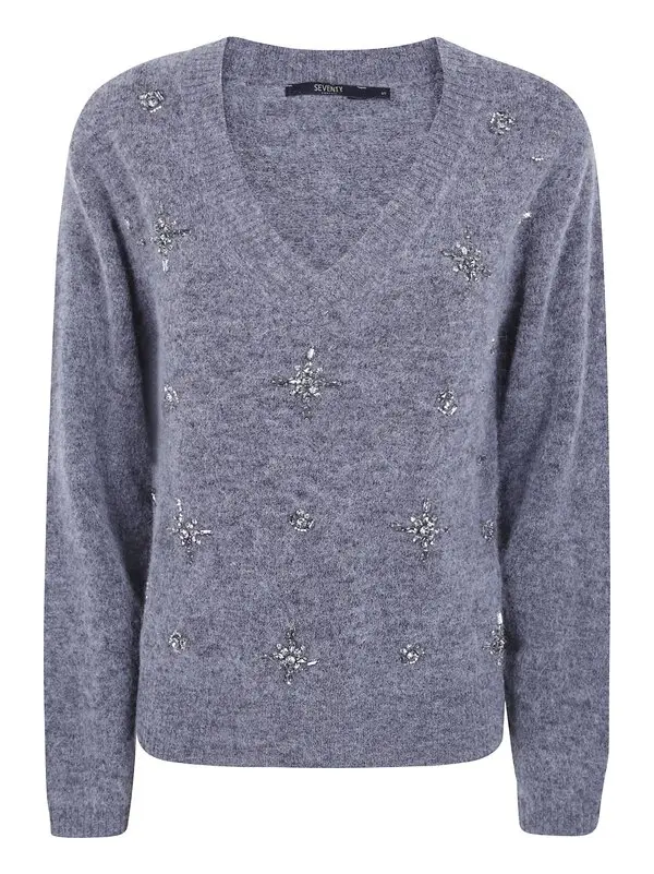 Seventy Sweater V-neck "v Neck Sweater With Stones - Gray