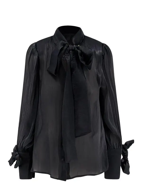 ACTUALEE Satin Shirt With Padded Shoulders - Black