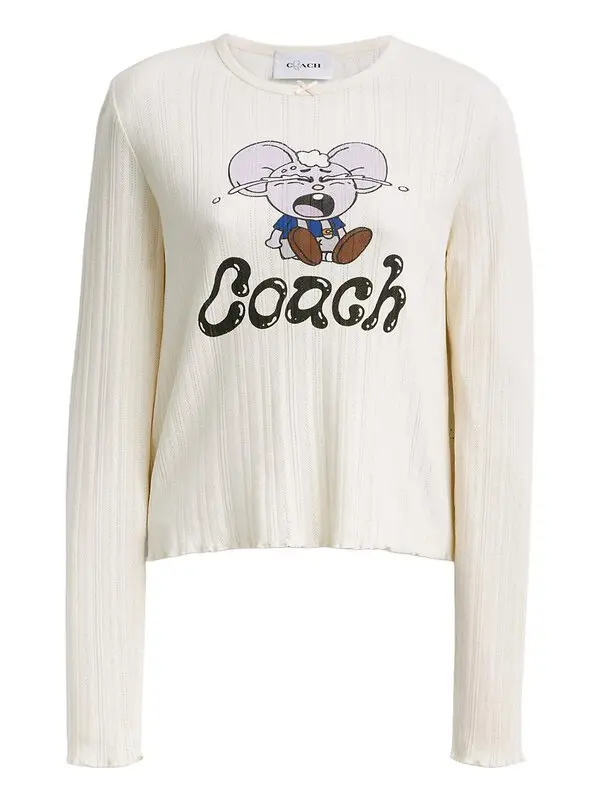 COACH OUTLET Brain Dead Kachi Mouse Graphic Long Sleeve Pointelle Top - Cream