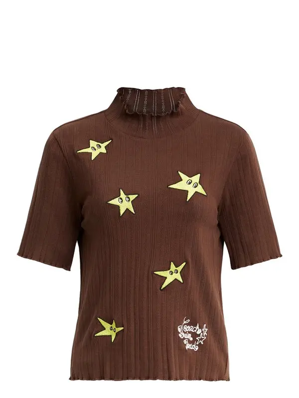 COACH OUTLET Brain Dead Graphic Pointelle Mockneck Top - Brown