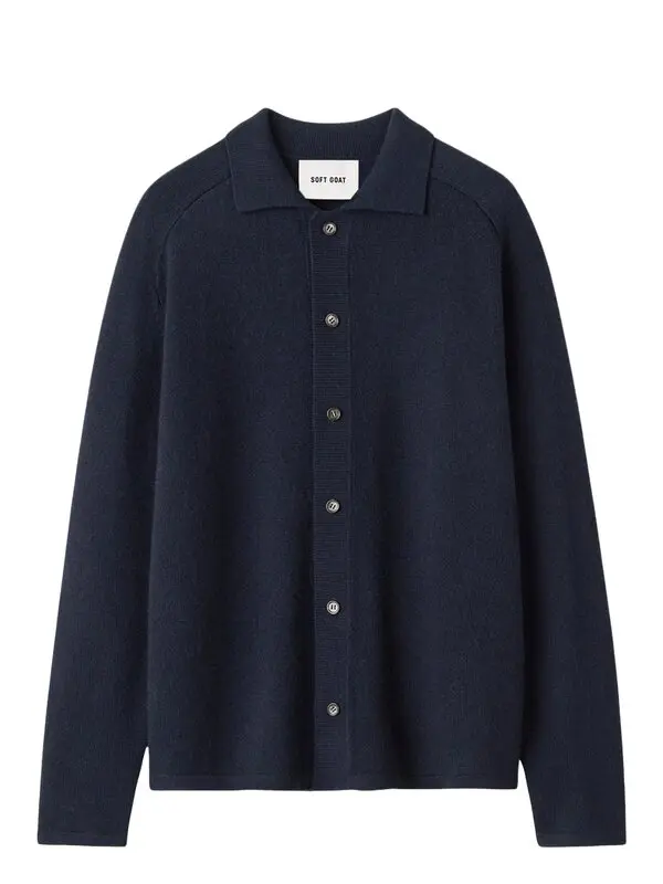 Soft Goat Soft Cashmere Knit Spread Collar Button-front Sweater - Navy