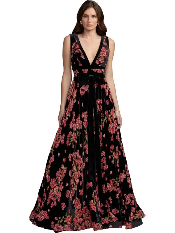 Mac Duggal Black Floral Velvet Ball Gown With Bow - Black Multi