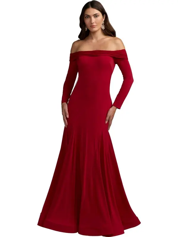 Mac Duggal Off The Shoulder Long Sleeve Trumpet Gown - Red