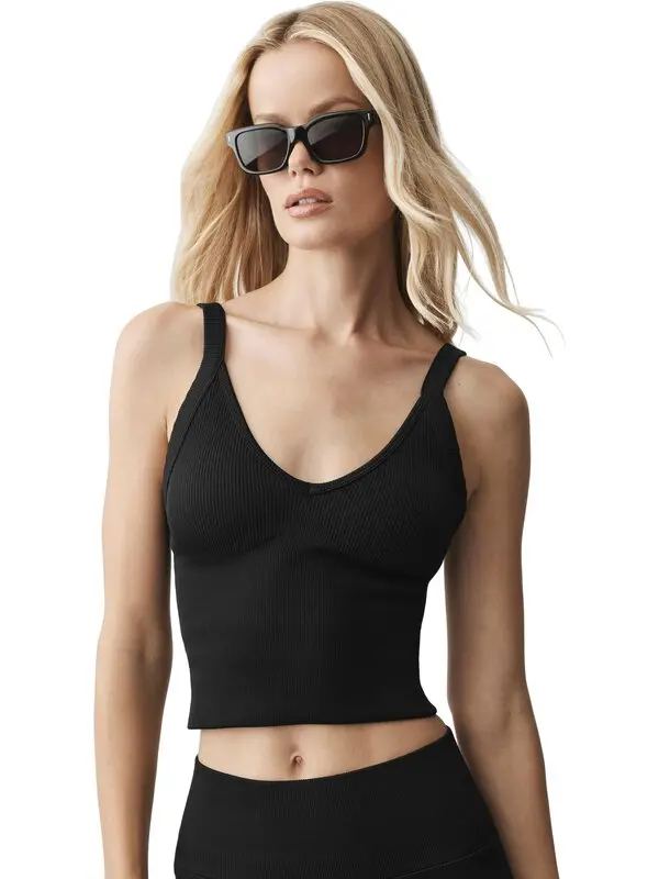 Alo Yoga Seamless Ribbed V-neck Favorite Bra Tank Top - Black