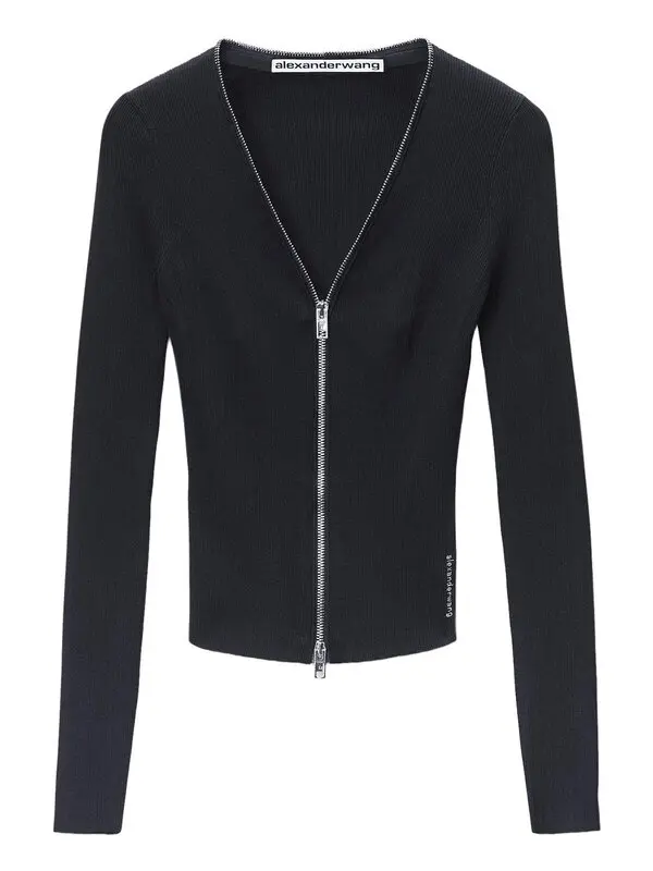 Alexander Wang V-neck Pointelle Zip Cardigan - Black