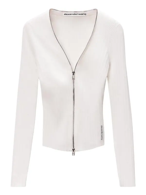 Alexander Wang V-neck Long Sleeve Pointelle Zip Cardigan - White
