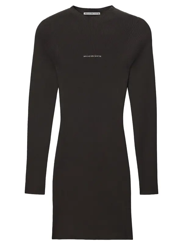 Alexander Wang Textured Logo Long Sleeve Crewneck Dress - Cola