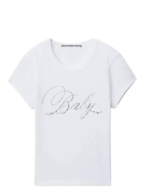 Alexander Wang Crystal Hotfix Graphic Fitted Short Sleeve Tee - White