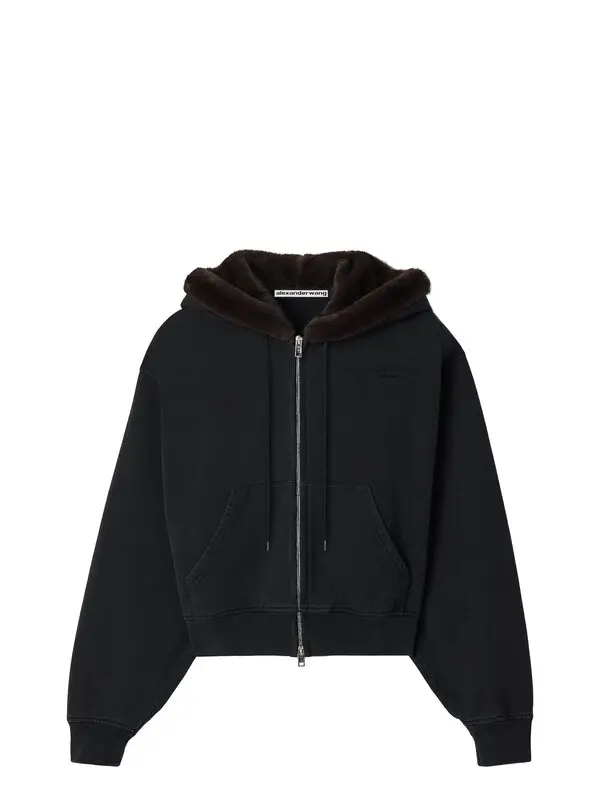 Alexander Wang Zip-up Hoodie W/ Faux Fur Hood - Washed Black