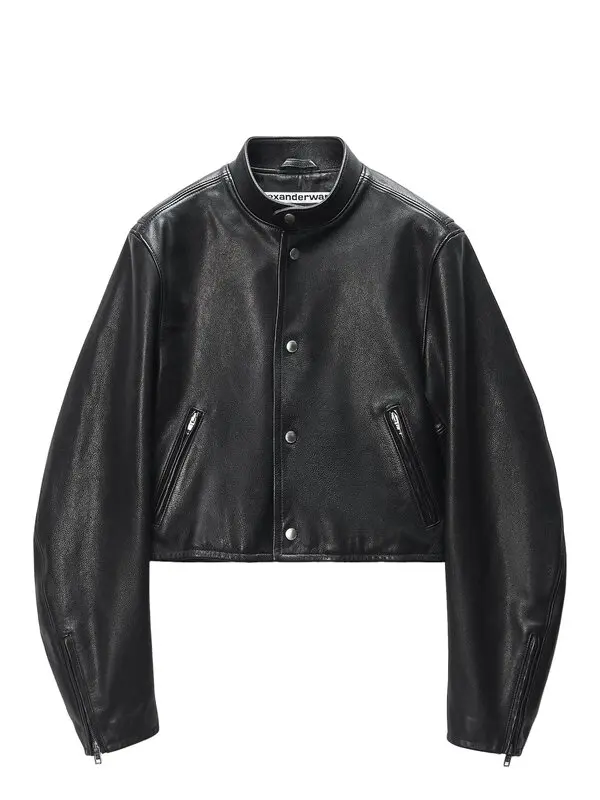 Alexander Wang Glossy Leather Cropped Moto Jacket - Black