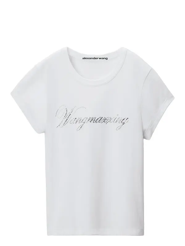 Alexander Wang Crystal Hotfix Graphic Fitted Short Sleeve Tee - White