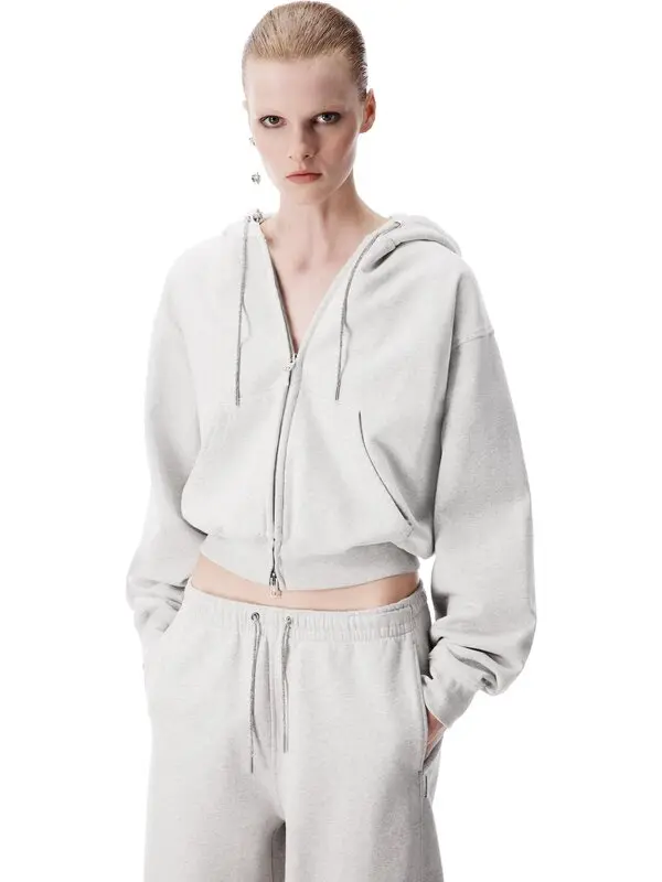 Alexander Wang Crystal Hotfix Drawcord Zip-up Hoodie - Light Heather Grey