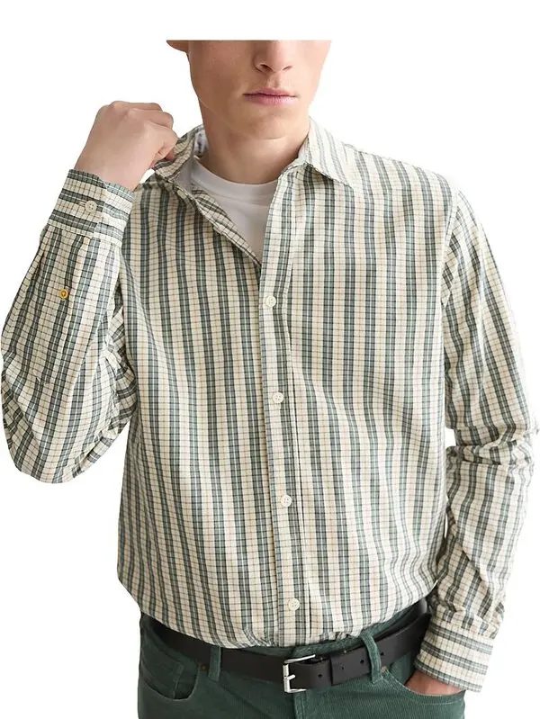 Scotch & Soda Cotton Micro Check Stripe Button Down Shirt - Dark Forest Stripe