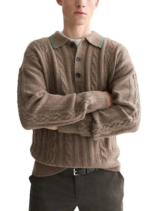 Scotch & Soda Soft Knit Cable Polo Sweater - Walnut