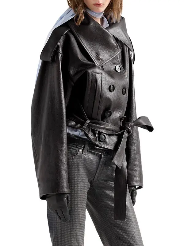 7 For All Mankind Leather High Collar Double Breasted Jacket - Leather Black