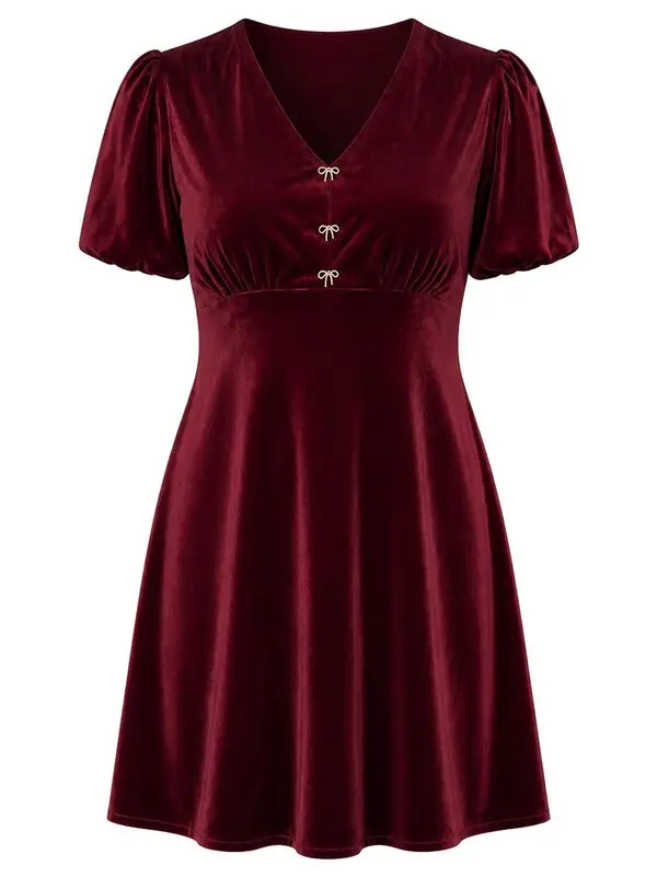 YUMI Burgundy Velvet Skater Dress With Dimante Bow Detail - Red