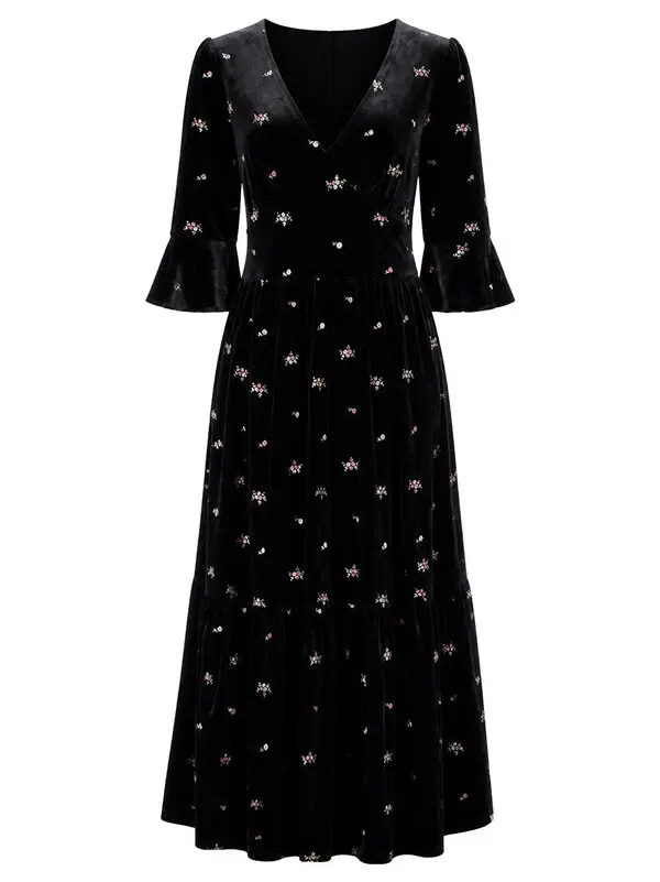 YUMI Velvet Embroidered Midi Dress - Black
