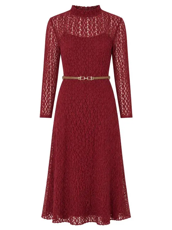 YUMI Burgundy High Neck Lace Midi Dress - Red