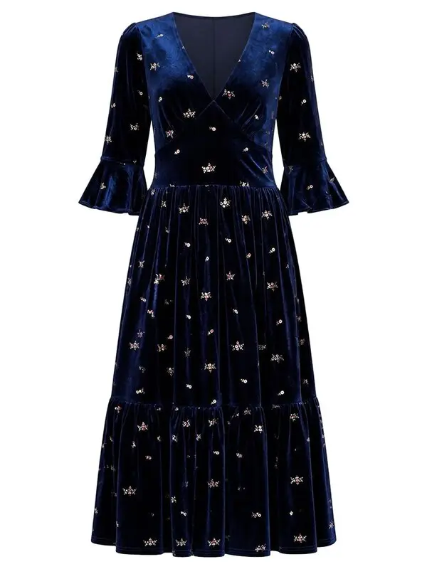 YUMI Navy Velvet Embroidered Midi Dress - Blue