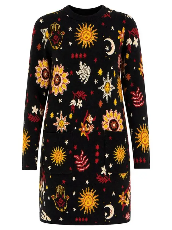 YUMI Cosmic Intarsia Knitted Tunic Dress - Black