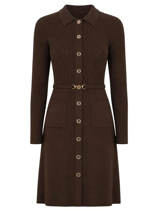 YUMI Rib Knit Midi Shirt Dress With Snaffle Belt - Brown