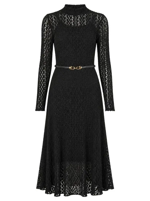YUMI High Neck Lace Midi Dress - Black