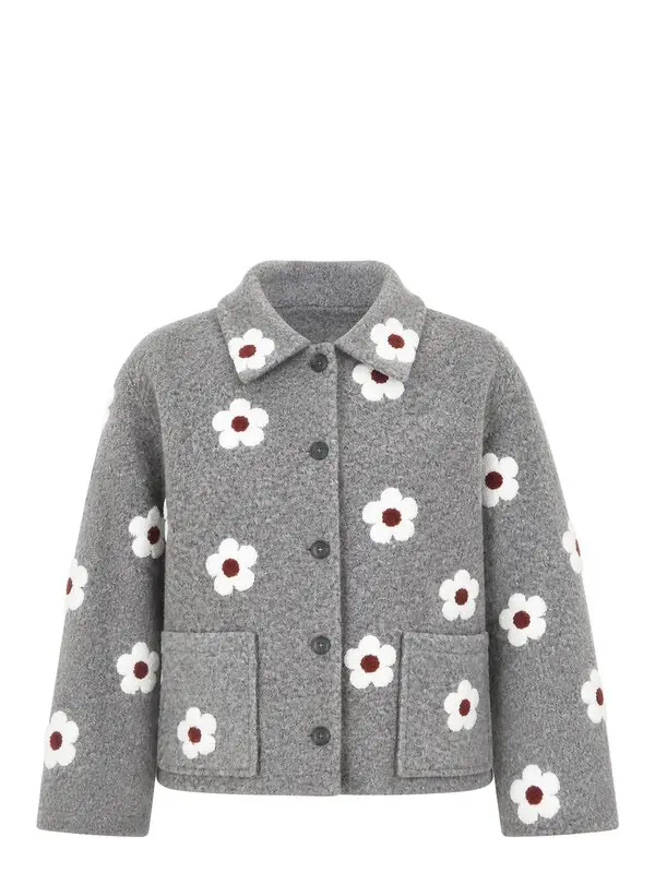 YUMI Embroidered Daisy Fleece Jacket - Grey