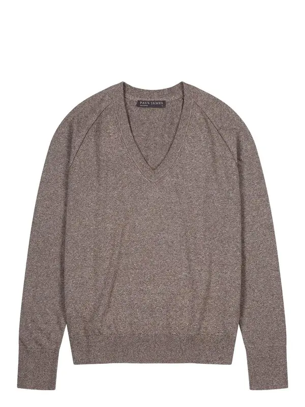 PAUL JAMES KNITWEAR Lightweight Cotton Celeste Deep V Neck Jumper Jaspe - Brown